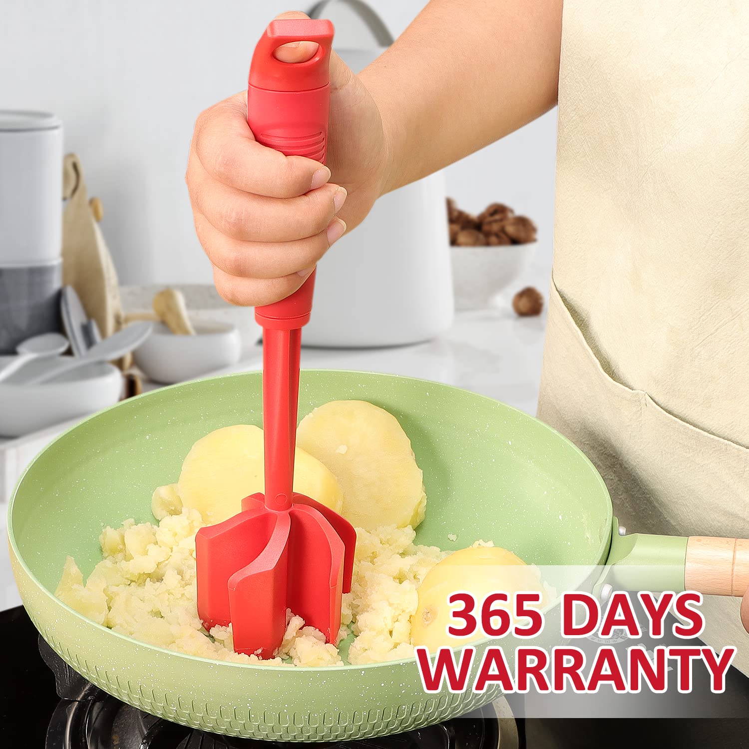 Ourokhome Upgrade Meat Chopper and Potato Masher, Heat Resistant Ground Meat Smasher for Hamburger, 5 Curved Blades Ground Beef Smasher, Nylon Non Stick Mixer, Stirrer and Kitchen Gadgets, Red
