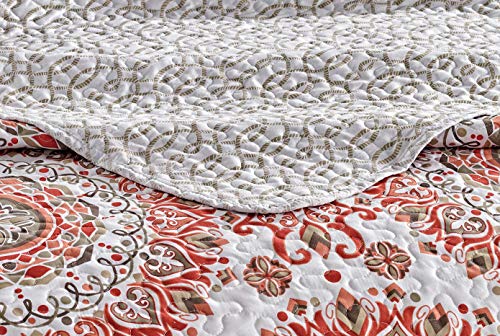 Home Collection 3pc King/California King Quilted Bedspread Set Floral Bedding Coral Salmon Sage Green Grey Taupe New