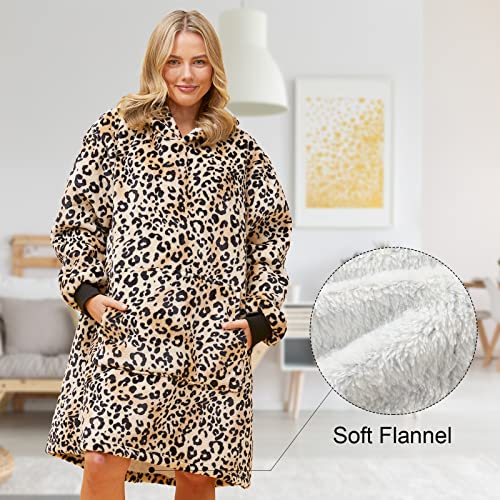 ANDSTAR Wearable Blanket Hoodie, Oversized Hooded for Women and Men, Comfy Sweatshirt with Giant Pocket （Leopard Print）