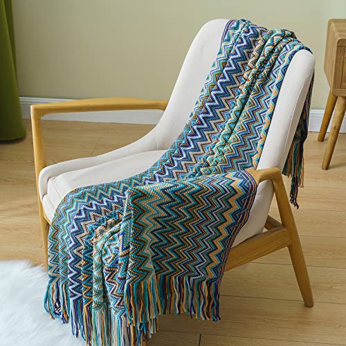 MIULEE Boho Knitted Throw Blanket with Tassel Knit Woven Wave Fringe Crochet Blanket Soft Lightweight Decorative Bohemian Blanket Afghan Hippie Outdoor Warm Throw for Sofa Bed Couch, 50 x 60 Blue