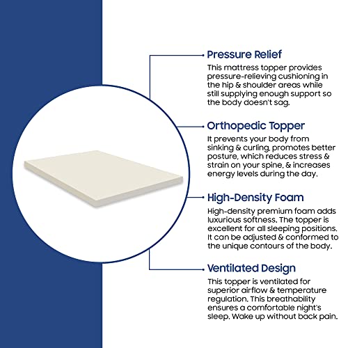 Spinal Solution 2-Inch High Density Foam Topper,Adds Comfort to Mattress, Queen Size
