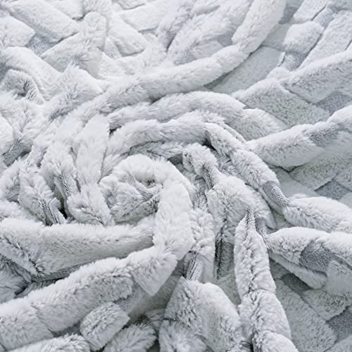 NEXHOME PRO Faux Fur Throw Blanket, Luxury Soft Rabbit Warm Fuzzy Cozy Fluffy Feel Fleece Blankets for Women Checkboard 60"X 80",Comfy Ruched Blanket for Sofa Couch Bed DÉcor White Grey