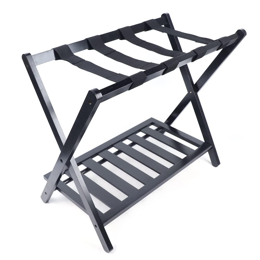 YIPONYT Luggage Rack Black Suitcase Stand Household Wood Folding Shelf,Folding Storage Rack Double Layer Luggage Rack for Guest Room Bedroom Hotel
