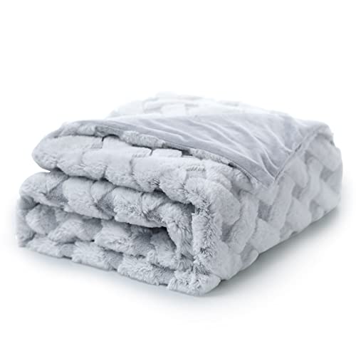 NEXHOME PRO Faux Fur Throw Blanket, Luxury Soft Rabbit Warm Fuzzy Cozy Fluffy Feel Fleece Blankets for Women Checkboard 60"X 80",Comfy Ruched Blanket for Sofa Couch Bed DÉcor White Grey