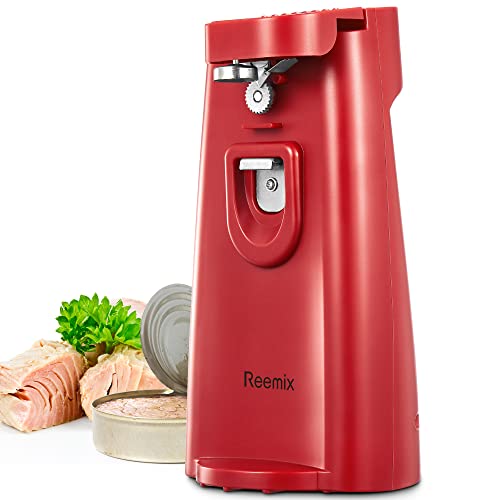 Electric Can Opener, Reemix Automatic Can Opener with Knife Sharpener and Bottle Opener 3 in 1, Easy Push Down Lever (Red)