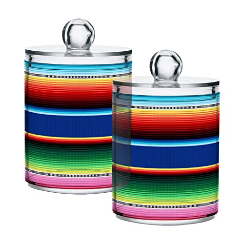 Kigai 2 Pack Mexican Serape Blanket Stripes Qtip Holders Dispenser Bathroom Vanity Organizers Clear Plastic Apothecary Jars with Lids for Cotton Ball, Cotton Swab, Cotton Round Pads, Floss