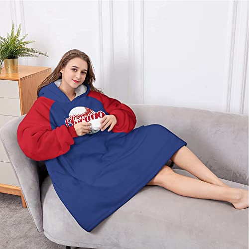 Baseball Team Wearable Oversized Blanket with Super Pockets, Sherpa Blanket Sweatshirt, Winnter Fuzzy Pullover for Adults