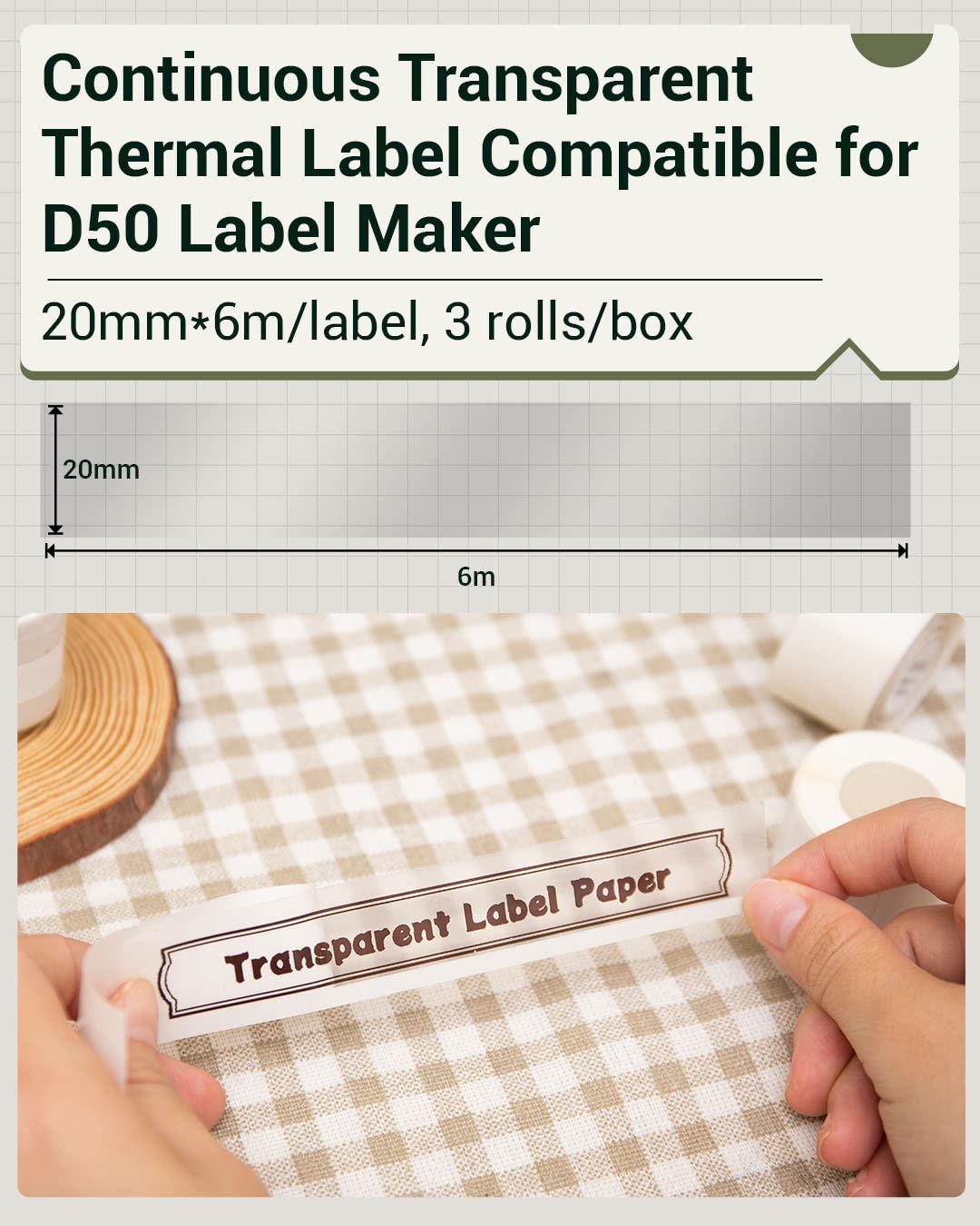 Phomemo D50 Label Maker with 3 Rolls Transparent Adhesive Label 20mm*6mm