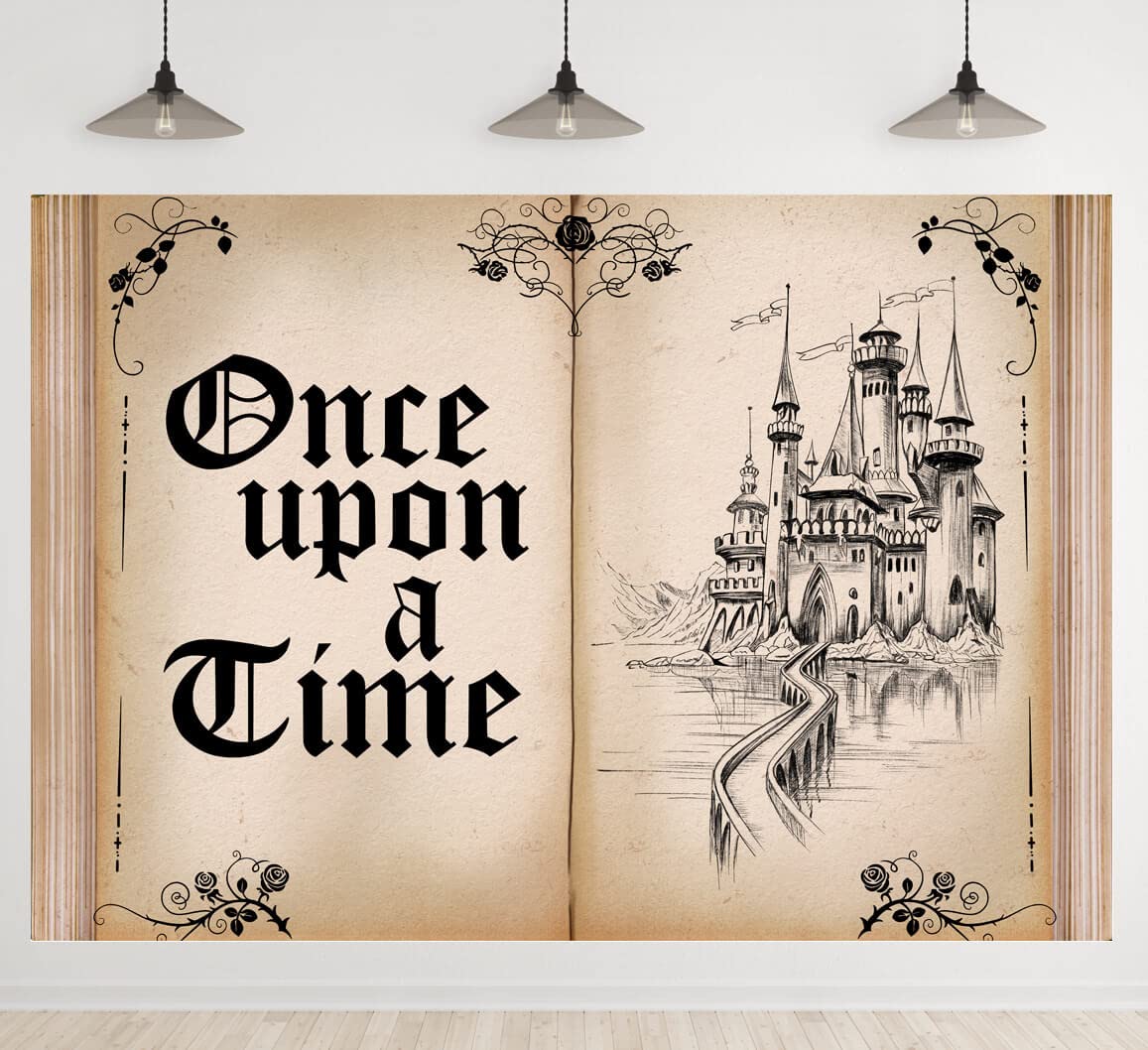 Fairy Tale Books Backdrops Once Upon a Time Ancient Castle Princess Romantic Story Photography Background Kids Baby Shower Banner Backdrop Wedding Birthday Party Cake Table Decorations 10x7ft