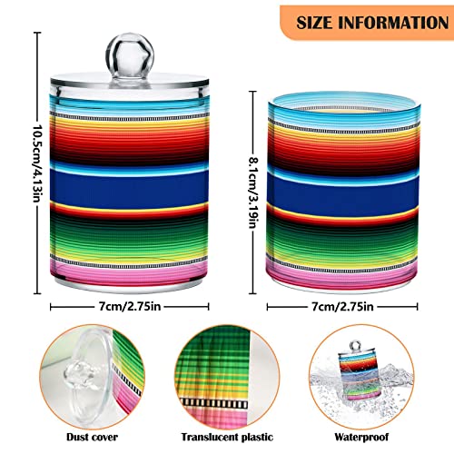 Kigai 2 Pack Mexican Serape Blanket Stripes Qtip Holders Dispenser Bathroom Vanity Organizers Clear Plastic Apothecary Jars with Lids for Cotton Ball, Cotton Swab, Cotton Round Pads, Floss