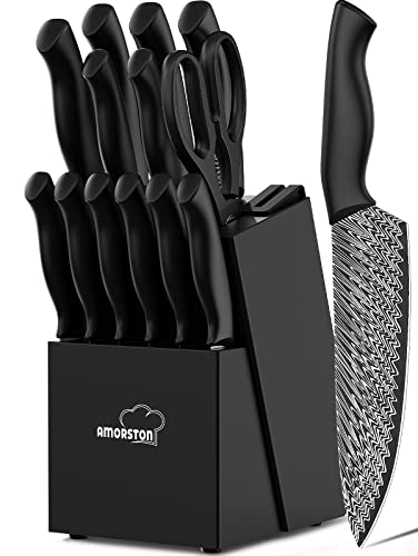 Knife Set, 15 Pieces Damascus Kitchen Knife Set with Built in Knife Sharpener Block, Dishwasher Safe, German Stainless Steel Knife Block Set