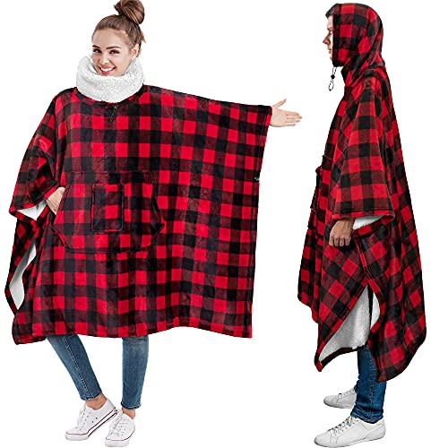 PAVILIA Wearable Blanket Poncho with Neck Warmer Hood, Plush Oversized Poncho Sweater, Large Blanket Cape Hoodie with Giant Pocket, Soft Cozy Gift for Women Men Adult (Sherpa Fleece, Checker Red)