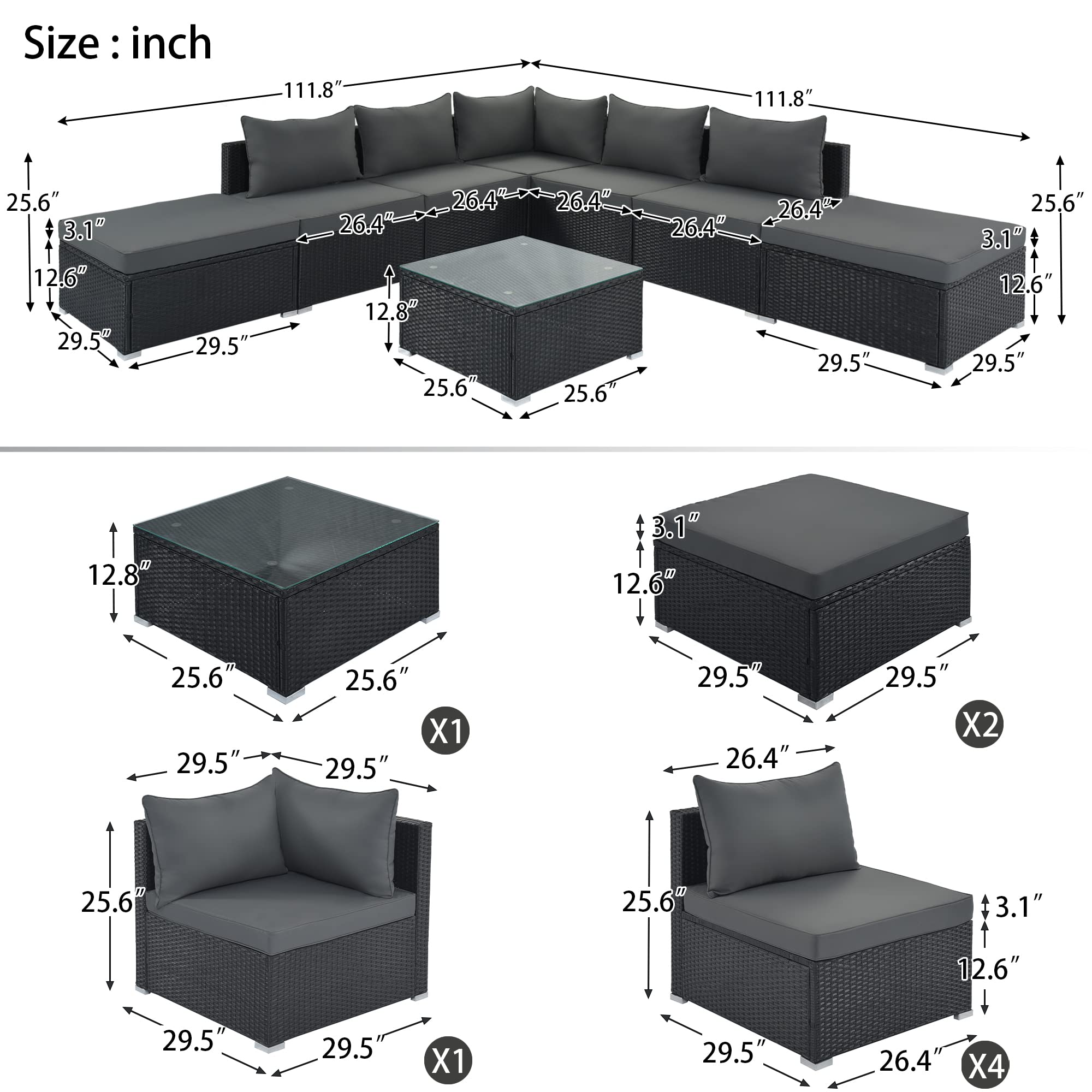XD Designs 8-Pieces Outdoor Patio Furniture Sets, All Weather PE Wicker Sectional Sofa Set with Tempered Glass Table, Garden Conversation Set with Comfortable Cushion (Gray Cushions)