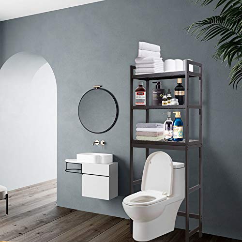 Bathroom Over The Toilet Organizer Storage Rack with Adjustable Shelves 3 Tier Bamboo Freestanding Shelf Plant Stand Multipurpose Organizer Space Saver for Laundry, Balcony,Brow