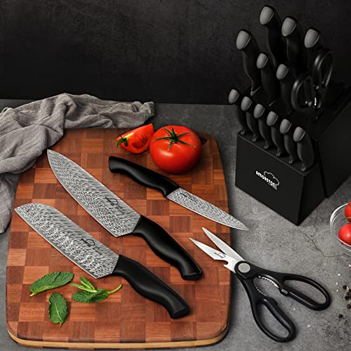 Knife Set, 15 Pieces Damascus Kitchen Knife Set with Built in Knife Sharpener Block, Dishwasher Safe, German Stainless Steel Knife Block Set