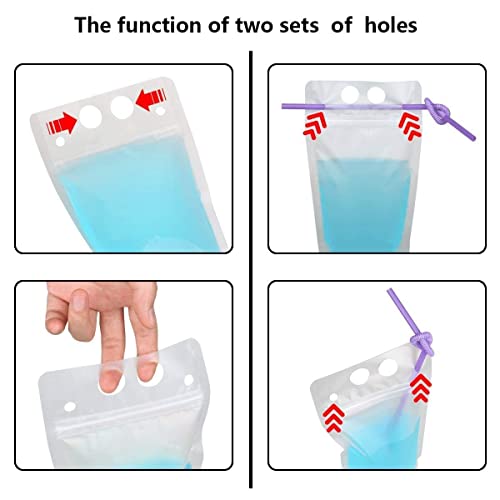 100 Pcs Zipper Plastic Pouches Drink Bags,Heavy Duty Hand-Held Translucent frosted Reclosable Stand-up Bag 2.4" Bottom Gusset with 100pcs Straws & Funnel Included