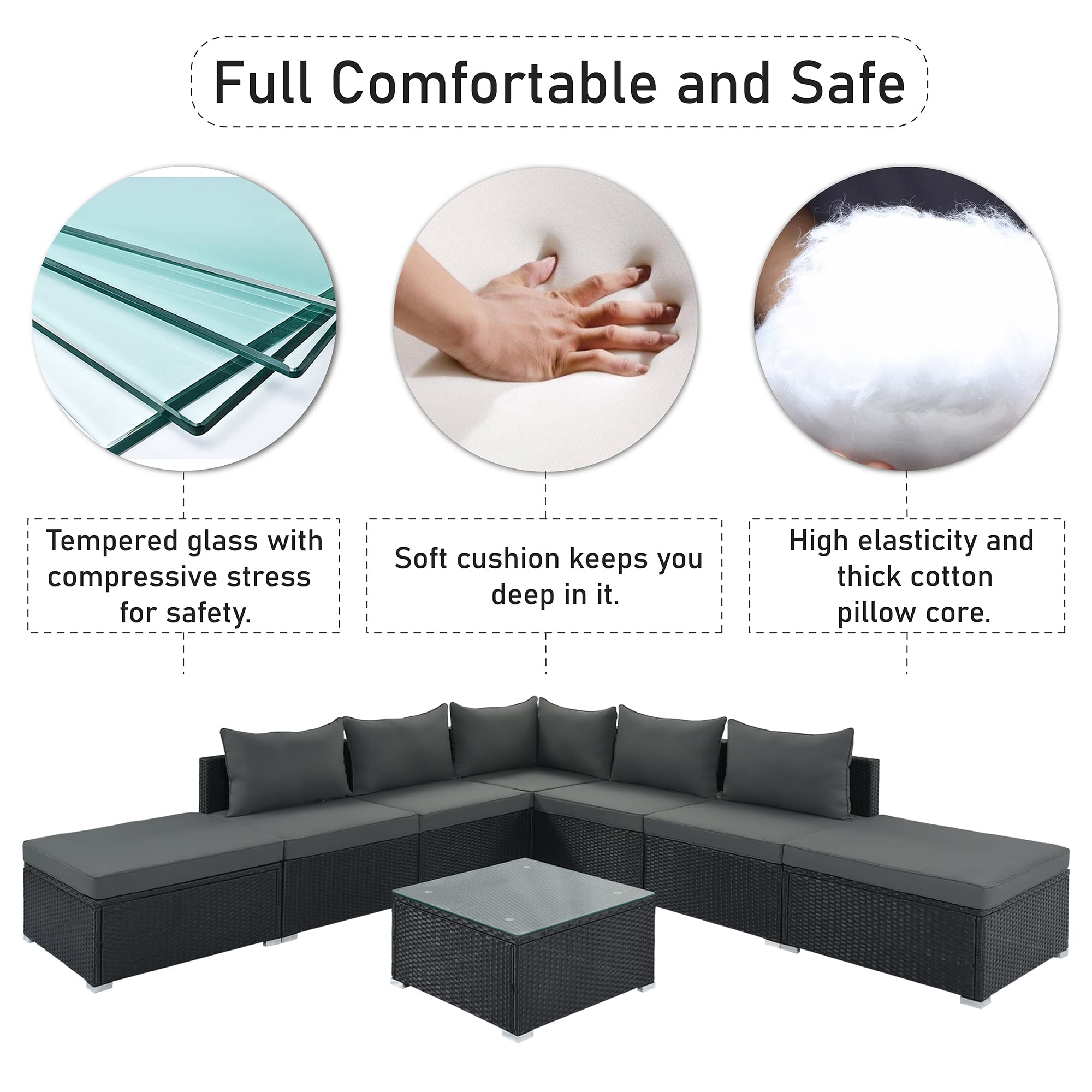 XD Designs 8-Pieces Outdoor Patio Furniture Sets, All Weather PE Wicker Sectional Sofa Set with Tempered Glass Table, Garden Conversation Set with Comfortable Cushion (Gray Cushions)