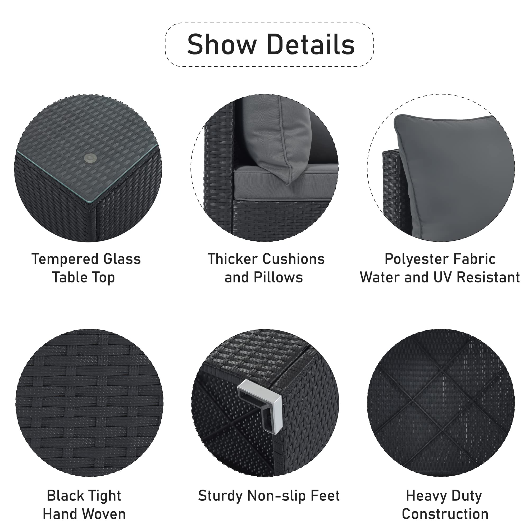 XD Designs 8-Pieces Outdoor Patio Furniture Sets, All Weather PE Wicker Sectional Sofa Set with Tempered Glass Table, Garden Conversation Set with Comfortable Cushion (Gray Cushions)
