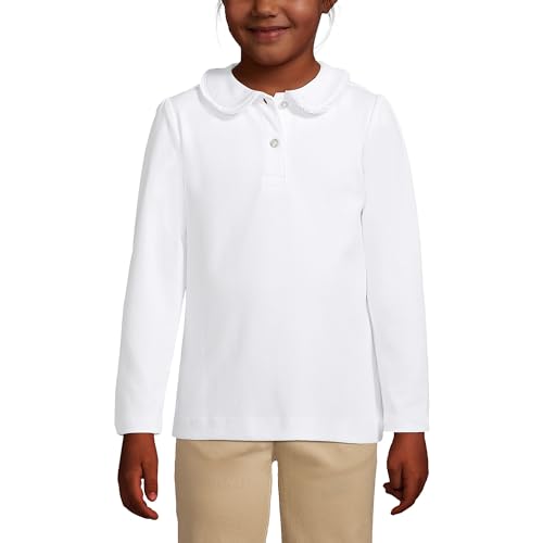 Lands' End School Uniform Girls Long Sleeve Ruffle Collar Knit Peter Pan White Kids Medium