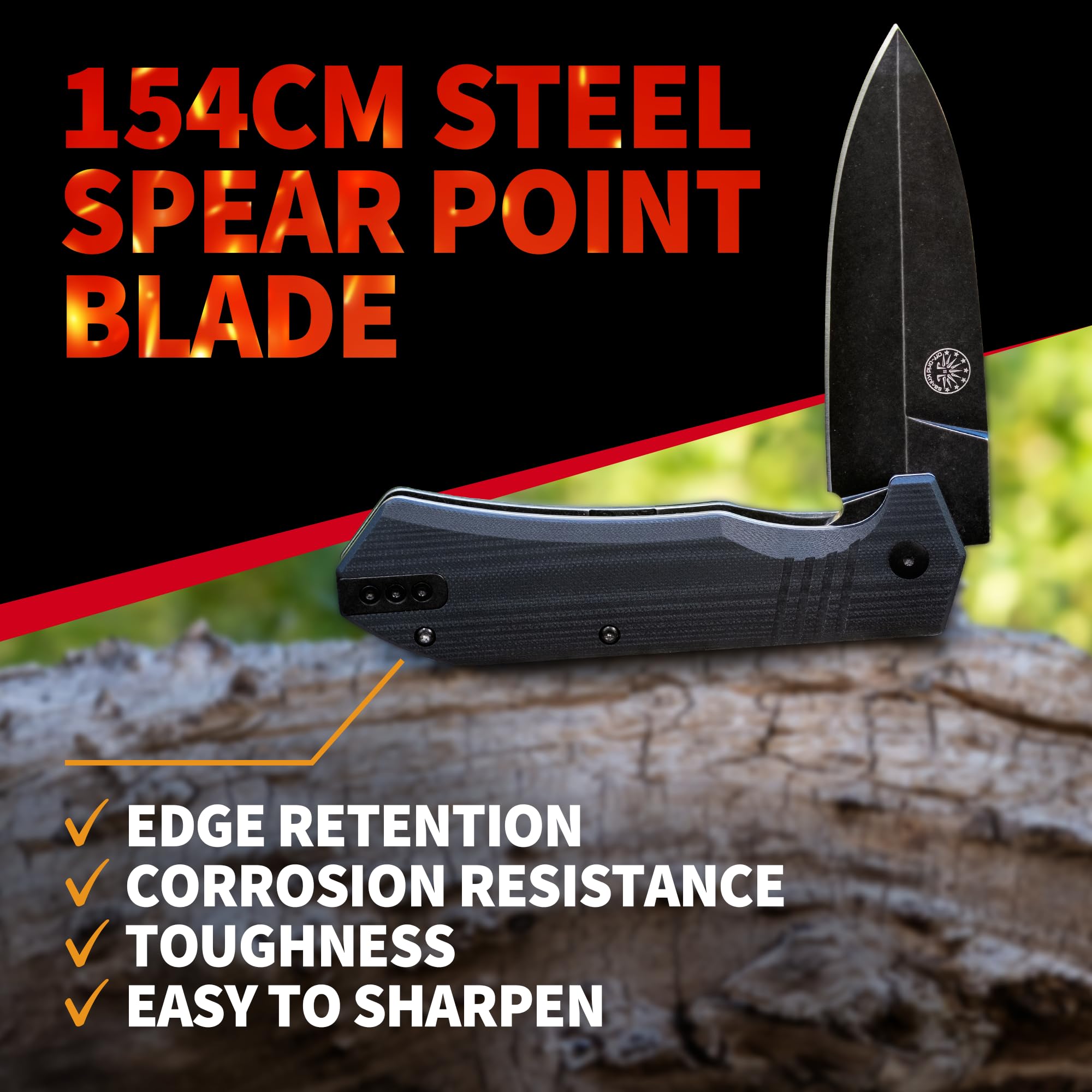Off-Grid Knives - Stinger XL Folding Knife w. Spear Point Blade, Crucible 154CM Steel, G10 Scales, Deep Carry Clip (Blackwash)
