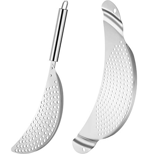 2 Pieces Pot Strainer with Handle Stainless Steel Colander Pasta Drainer Pan Pot Strainer with Recessed Hand Grips Suitable for Kitchen Pots and Pans Different Sizes up to 10 Inches