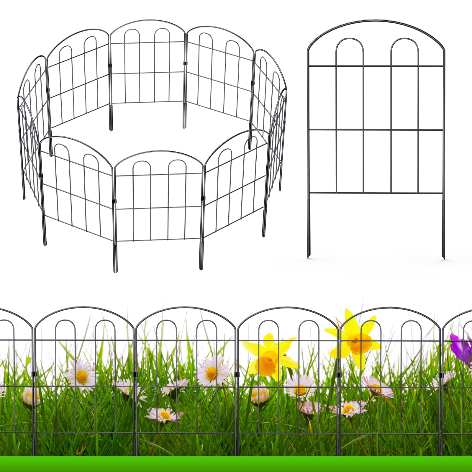Decorative Garden Fence Outdoor 24in x 10ft Coated Metal RustProof Landscape Wrought Iron Wire Border Folding Patio Fences Flower Bed Fencing Animal Barrier Section Panels Decor
