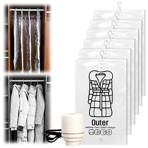 2/6Pcs Hanging Vacuum Storage Bags with Electric/Hand Pumps, 43.3"/51.2" Reusable Hanging Clothes Vacuum Seal Storage Bag Compressible Space Saver Bags (XL-26.3"x51.2", 6Pcs Bags [Gift Electric Pumps])