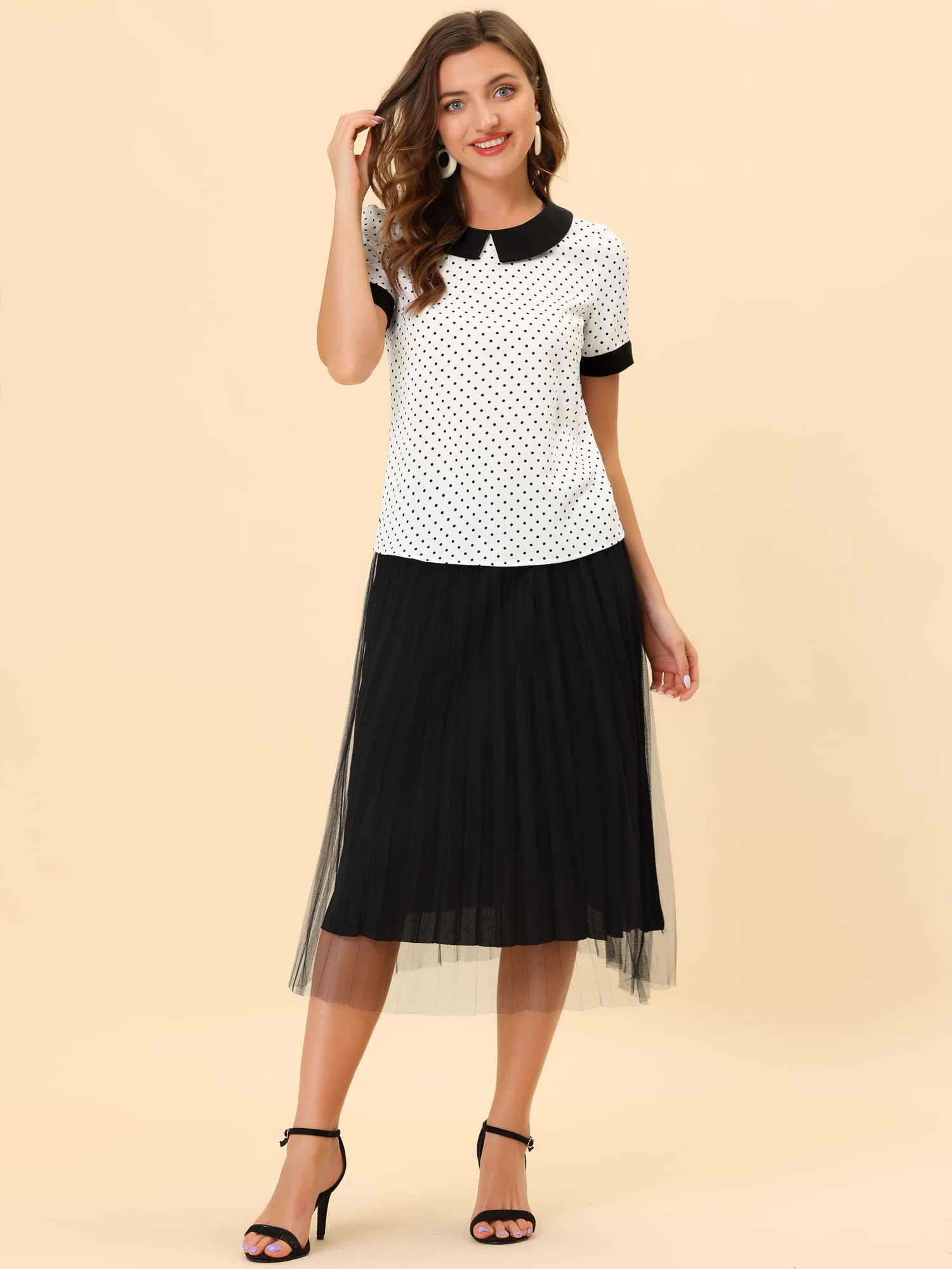 Allegra K Women's Peter Pan Collar Shirt Vintage 1950s Polka Dots Blouse Medium White