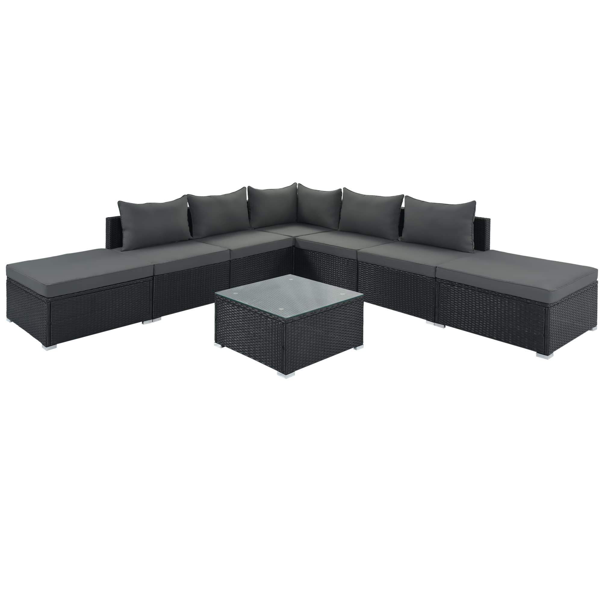 XD Designs 8-Pieces Outdoor Patio Furniture Sets, All Weather PE Wicker Sectional Sofa Set with Tempered Glass Table, Garden Conversation Set with Comfortable Cushion (Gray Cushions)