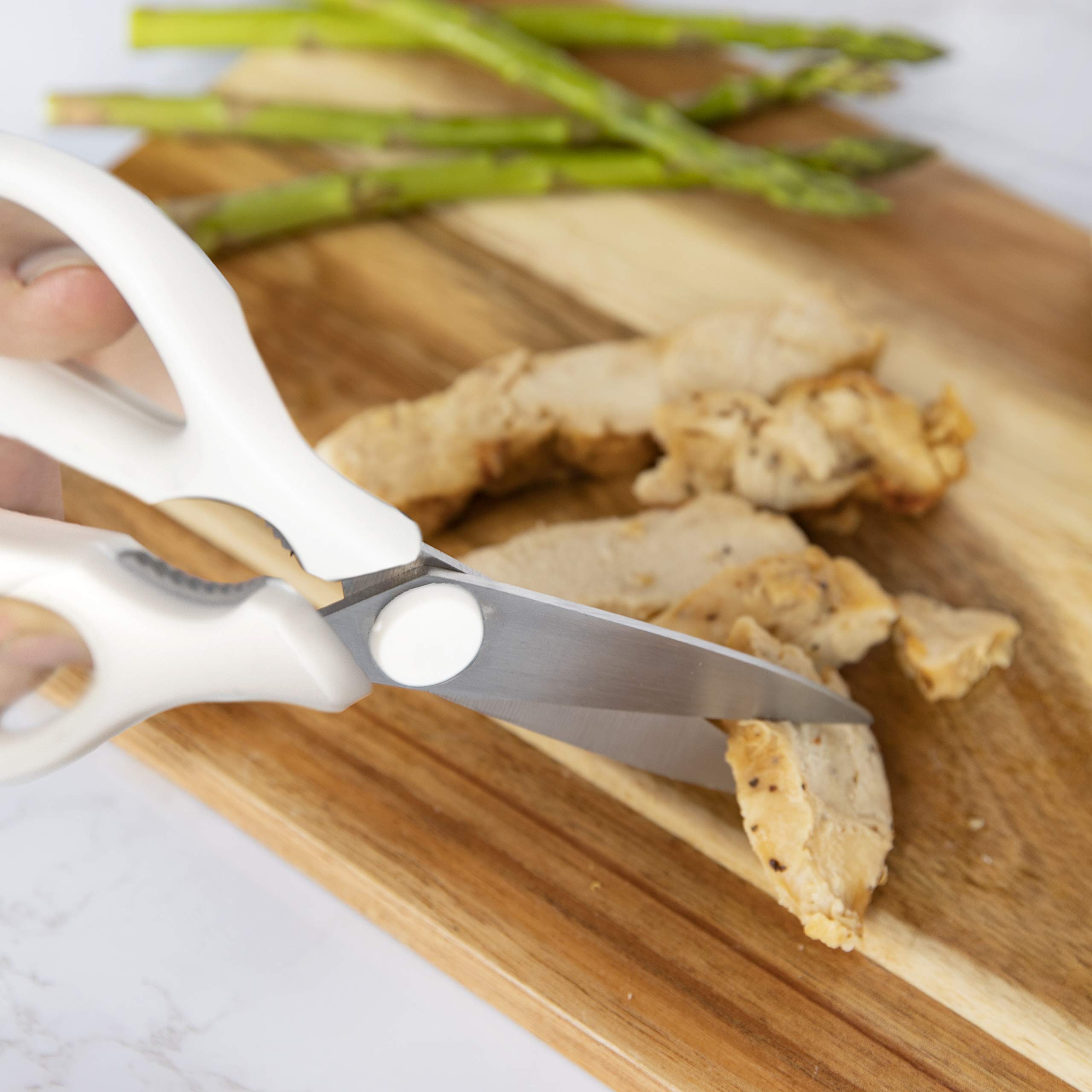 Rae Dunn Kitchen Scissors- Stainless Steel Kitchen Shears, Cooking Scissors for Cutting Meat, Chicken, Herbs and Produce with Blade Cover and Soft Grip Handles(White)