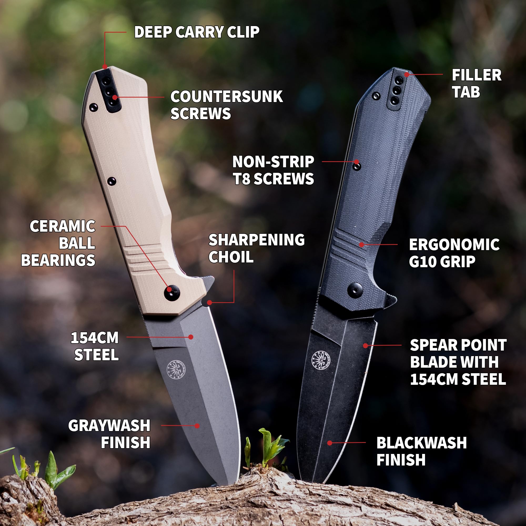 Off-Grid Knives - Stinger XL Folding Knife w. Spear Point Blade, Crucible 154CM Steel, G10 Scales, Deep Carry Clip (Blackwash)