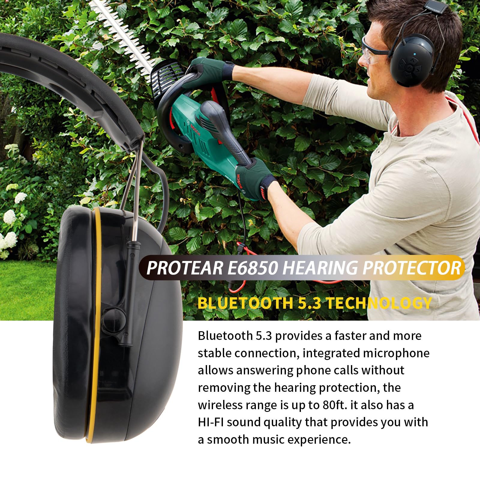 inf protear(Upgraded E6850 Bluetooth Hearing Protection with Integrated Microphone, High-Fidelity Speakers,120H+Playtime, Ideal Ear Muffs for Noise Reduction for Mowing, Workshop, NRR 25 dB