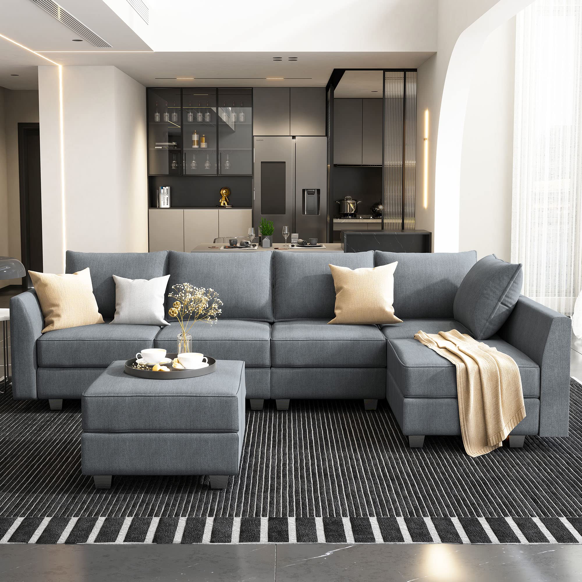 HONBAY Convertible L Shape Sectional Sofa Modular Sectional Couch with Reversible Chaise L Shaped Sofa 4 Seat Couch with Storage Ottoman, Bluish Grey