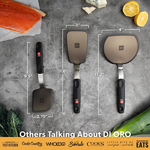 DI ORO Silicone Turner Spatula Set - Kitchen Spatulas for Nonstick Cookware - Flexible & Thin Cooking Turners for Flipping Pancakes & Eggs - 600°F Heat-Resistant & BPA Free - Dishwasher Safe (Black)