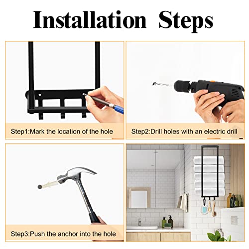 Bathroom Towel Racks Wall Mounted, Rolled Bath Towels Holder Storage with 3 Hooks, Adjustable & Space Saving Towel Hanger Black Metal Bath Towel Organizer Shelf for Folded Large Washcloths