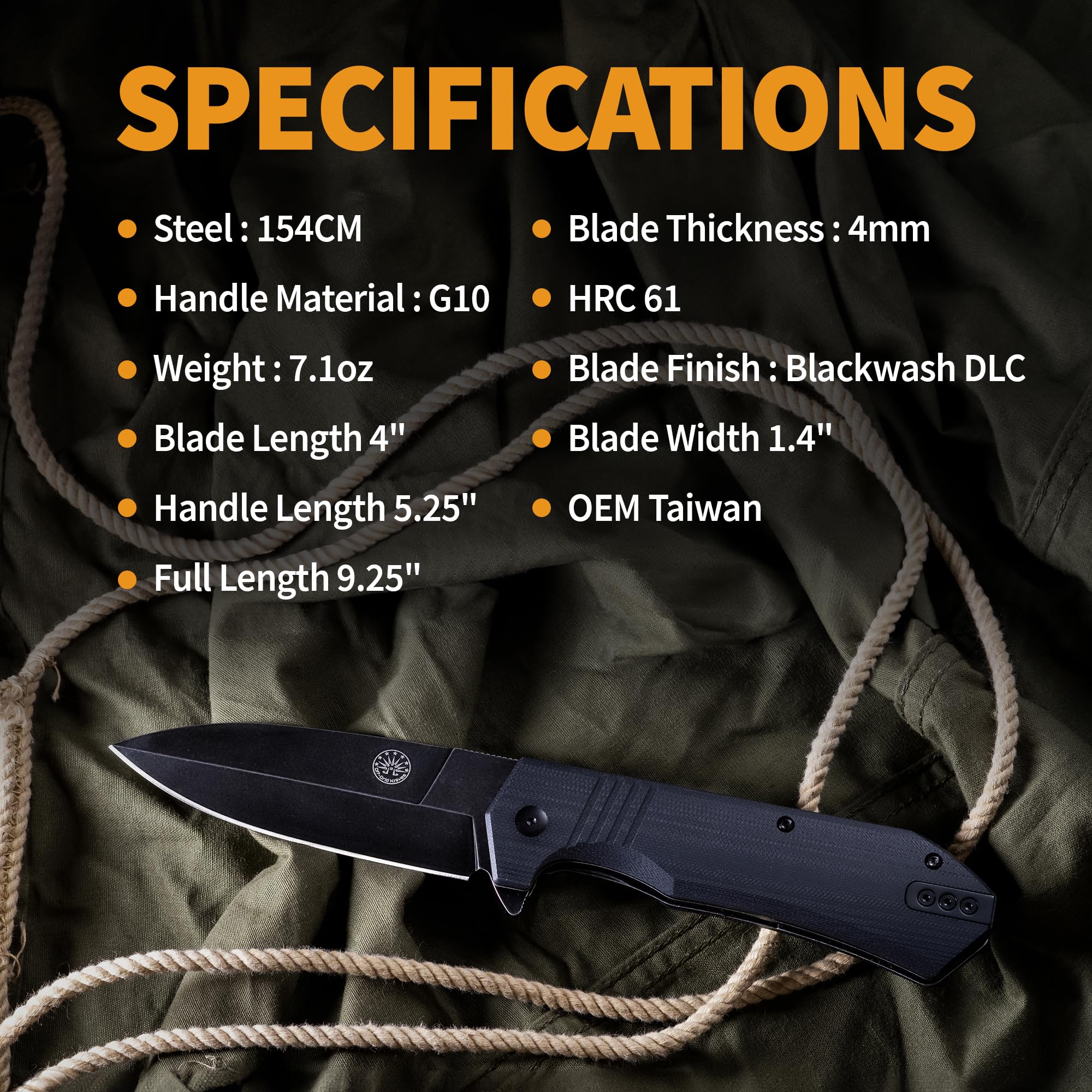 Off-Grid Knives - Stinger XL Folding Knife w. Spear Point Blade, Crucible 154CM Steel, G10 Scales, Deep Carry Clip (Blackwash)