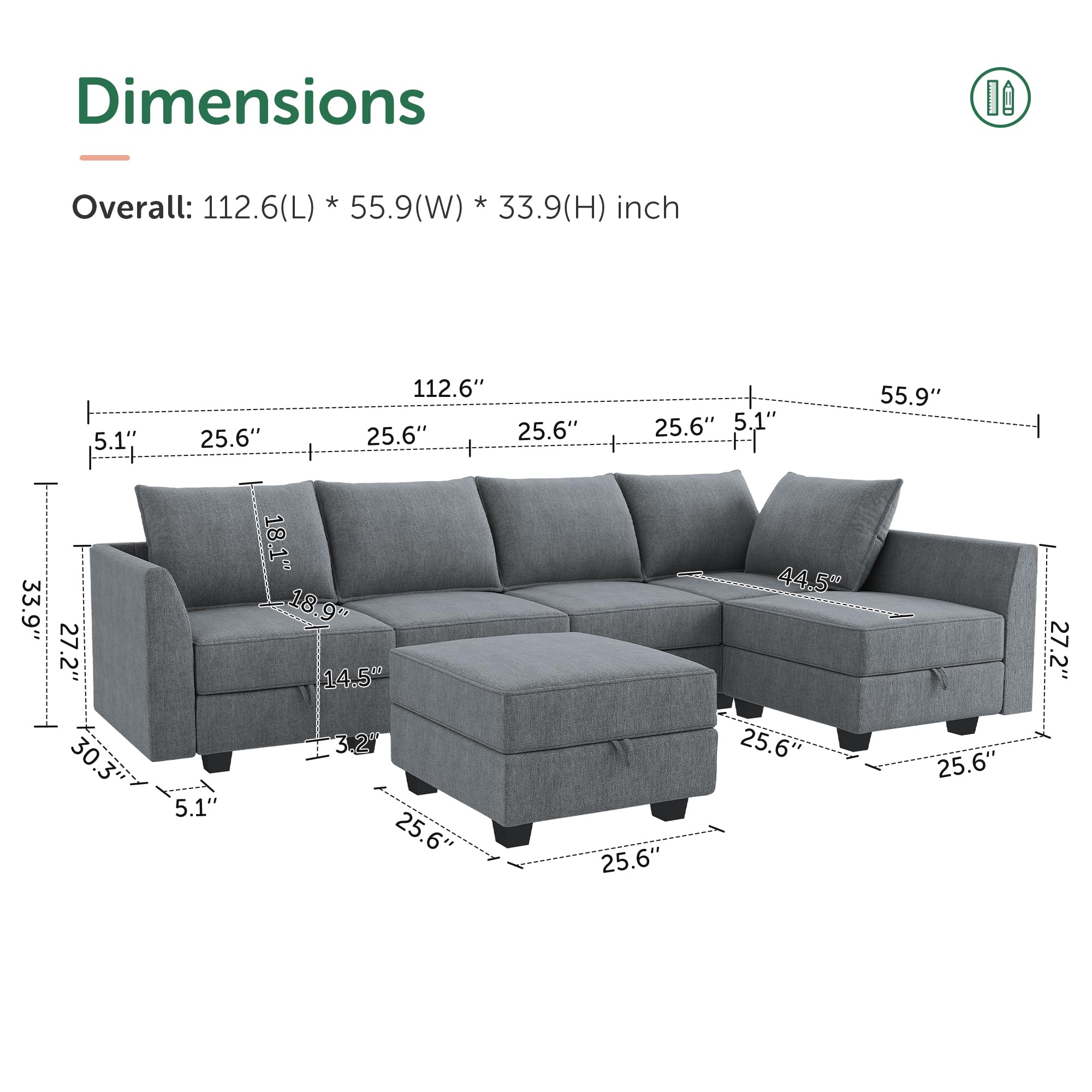 HONBAY Convertible L Shape Sectional Sofa Modular Sectional Couch with Reversible Chaise L Shaped Sofa 4 Seat Couch with Storage Ottoman, Bluish Grey