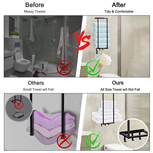 Bathroom Towel Racks Wall Mounted, Rolled Bath Towels Holder Storage with 3 Hooks, Adjustable & Space Saving Towel Hanger Black Metal Bath Towel Organizer Shelf for Folded Large Washcloths