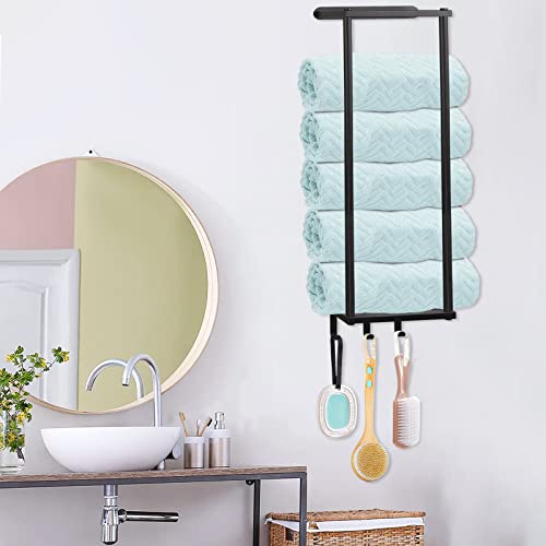 Bathroom Towel Racks Wall Mounted, Rolled Bath Towels Holder Storage with 3 Hooks, Adjustable & Space Saving Towel Hanger Black Metal Bath Towel Organizer Shelf for Folded Large Washcloths