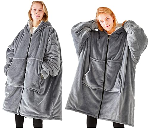 Shellconch Oversized Wearable Blanket Hoodie.Sherpa sweatshirt blanket has hats, zippers suitable men and women as gifts (GREY)