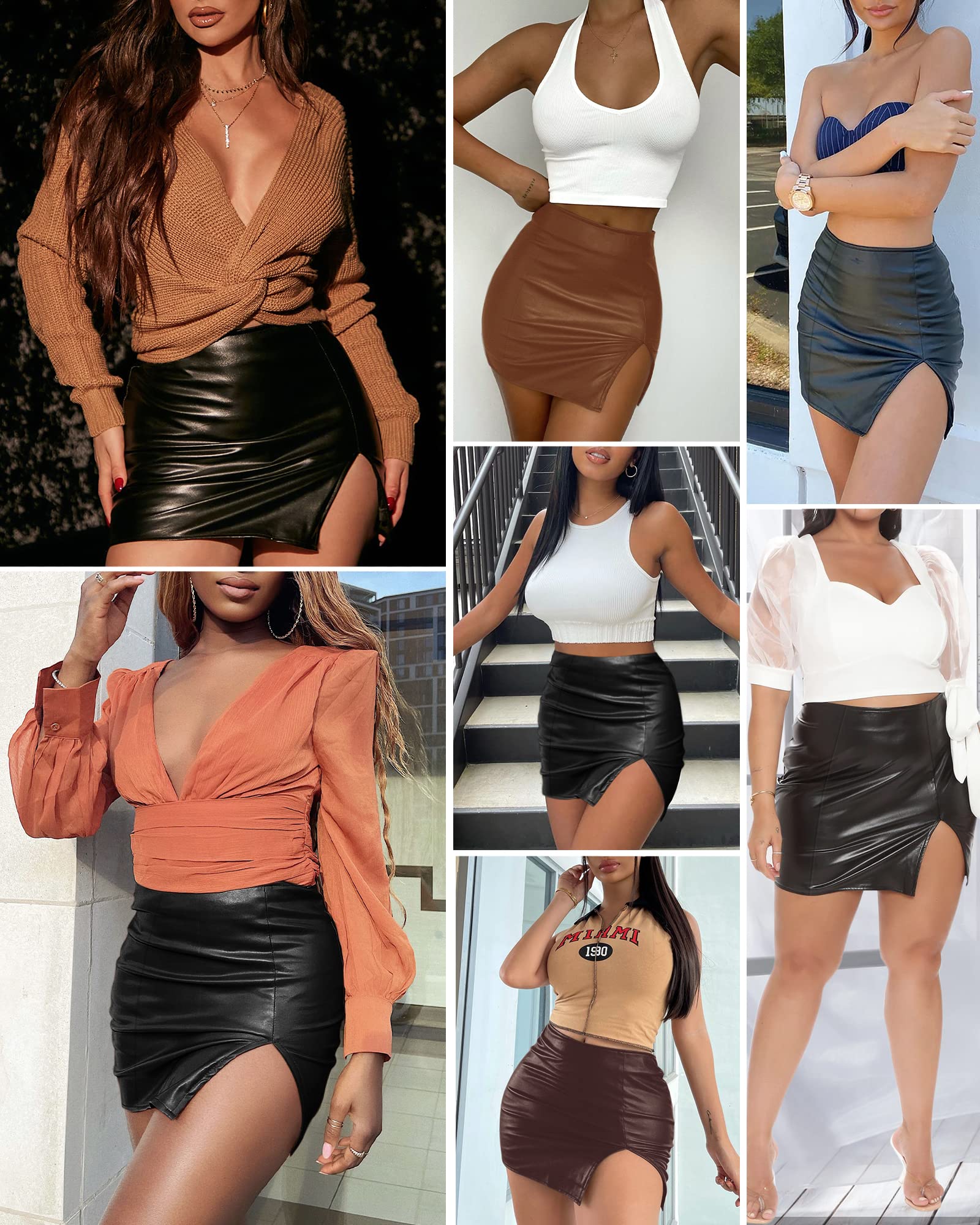 MANGOPOP Womens High Waist Bodycon Mini Short Faux Leather Skirt with Slit (Black,Small)