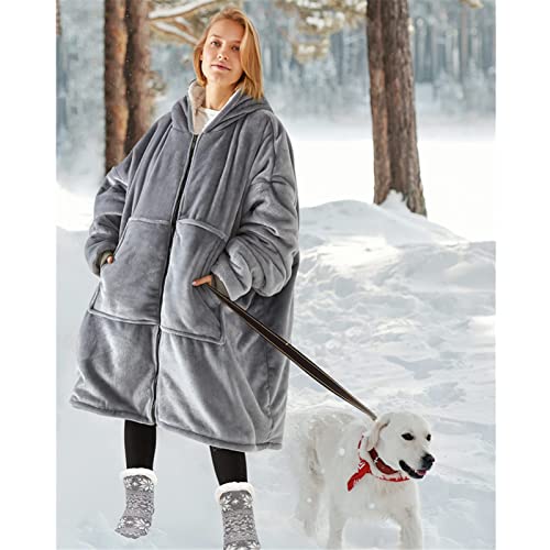 Shellconch Oversized Wearable Blanket Hoodie.Sherpa sweatshirt blanket has hats, zippers suitable men and women as gifts (GREY)