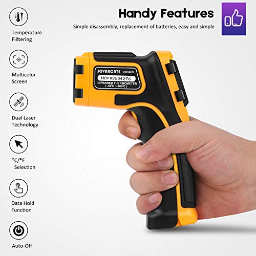 Infrared Thermometer Non-Contact Digital Laser Temperature Gun Color Display -58℉~1112℉(-50℃~600℃) Adjustable Emissivity - for Cooking/BBQ/Food/Fridge/Pizza Oven/Engine - Meat Thermometer Included