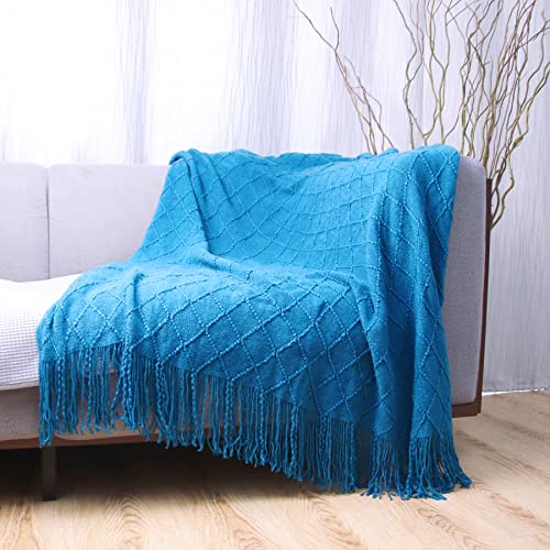 TXDYB 1 Pcs 50"x60" Blue Argyle Design Soft Warm Boho Knitted Throw Blanket with Tassels for Women, Men and Kids. Suitable for Travel Camping Office Hotel,Decoration for Bed, Sofa and Room