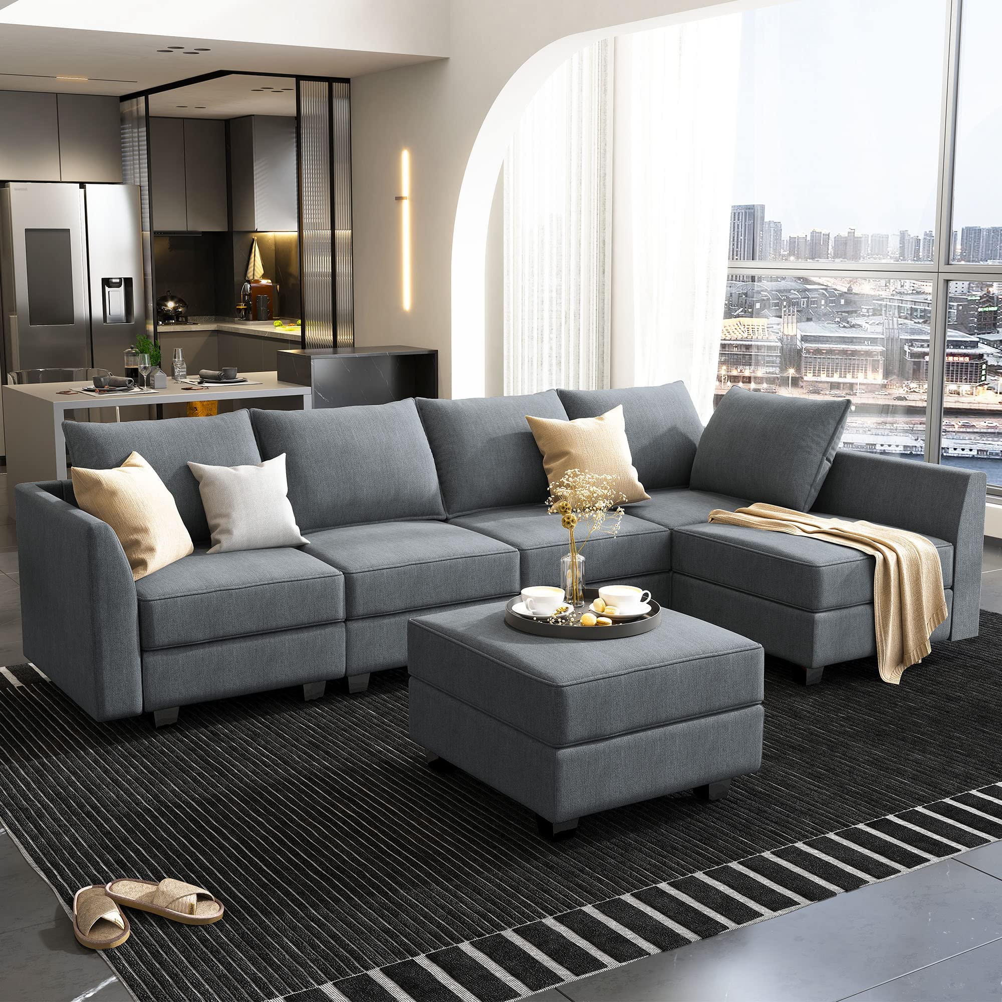 HONBAY Convertible L Shape Sectional Sofa Modular Sectional Couch with Reversible Chaise L Shaped Sofa 4 Seat Couch with Storage Ottoman, Bluish Grey