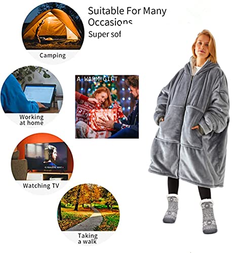 Shellconch Oversized Wearable Blanket Hoodie.Sherpa sweatshirt blanket has hats, zippers suitable men and women as gifts (GREY)