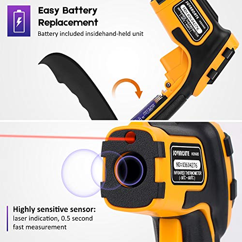 Infrared Thermometer Non-Contact Digital Laser Temperature Gun Color Display -58℉~1112℉(-50℃~600℃) Adjustable Emissivity - for Cooking/BBQ/Food/Fridge/Pizza Oven/Engine - Meat Thermometer Included