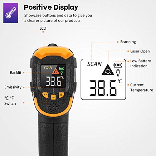 Infrared Thermometer Non-Contact Digital Laser Temperature Gun Color Display -58℉~1112℉(-50℃~600℃) Adjustable Emissivity - for Cooking/BBQ/Food/Fridge/Pizza Oven/Engine - Meat Thermometer Included