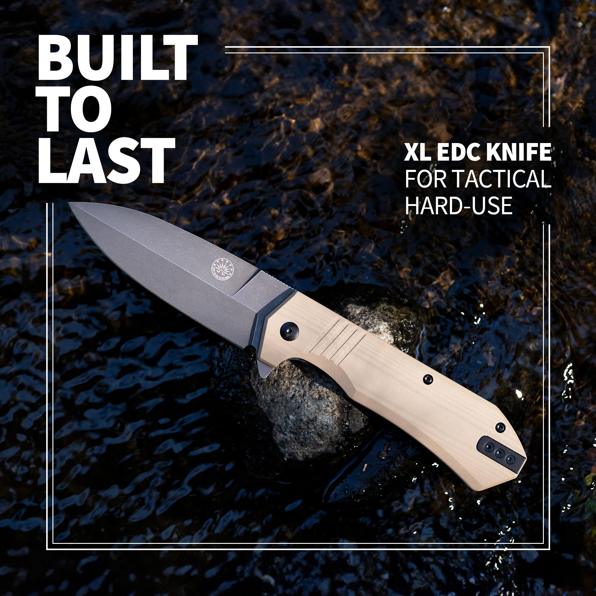 Off-Grid Knives - Stinger XL Folding Knife w. Spear Point Blade, Crucible 154CM Steel, G10 Scales, Deep Carry Clip (Coyote)