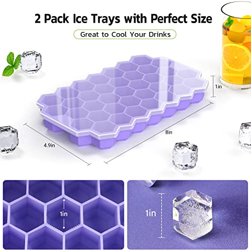 Upgrade Ice Cube Trays, 2 Pack Silicone Flexible Ice Cube Trays with Lid, 76 Cubes Ice Trays for Chilled Drinks, Whiskey & Cocktails, Stackable Flexible Safe Ice Cube Trays